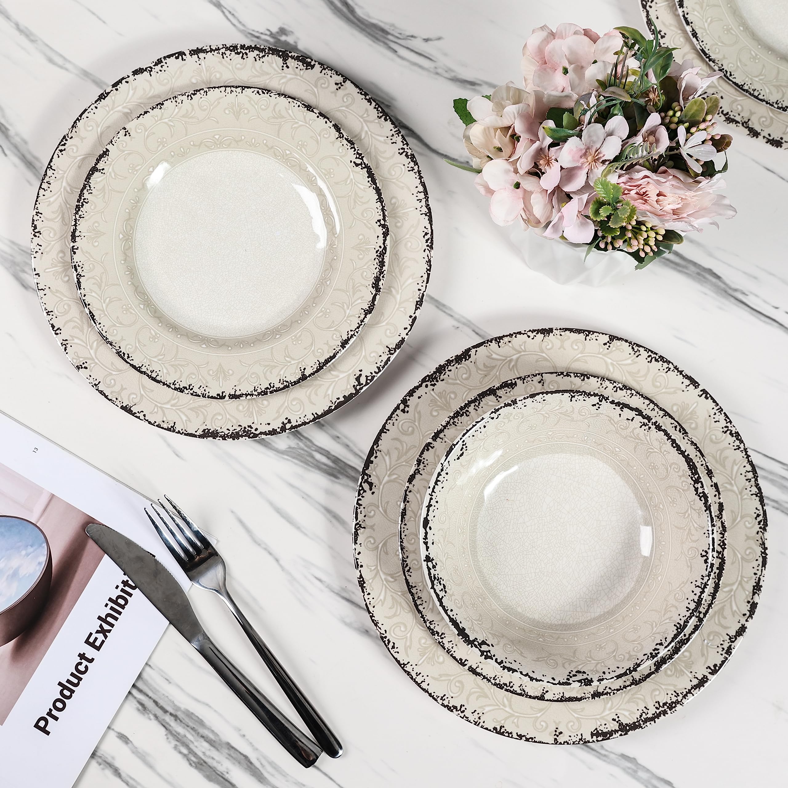 Melamine Dinnerware Sets for 4-12pcs Dinnerware Dishes Set,Plate and Bowl Set, Indoor and Outdoor Use, Dishwasher safe, Unbreakable, Light Grey