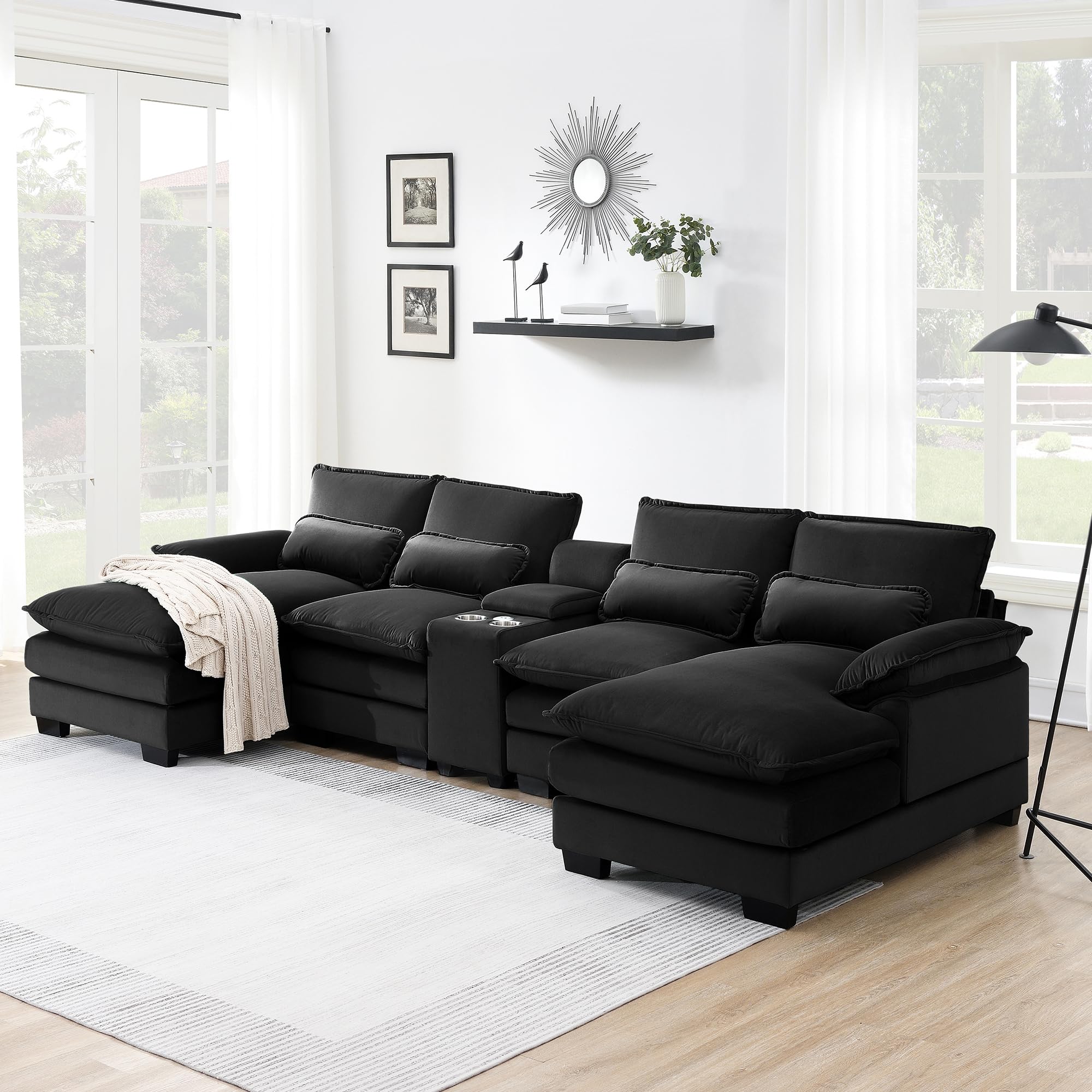WIIS' IDEA 123" Modern Sectional Sofa Couch,U-Shaped Sofa with Console,Cupholders and USB Ports,6-seat Upholstered,Sleeper Couch Set with Chaise,Sectional Couches for Living Room,Apartmentļ¼Blackļ¼