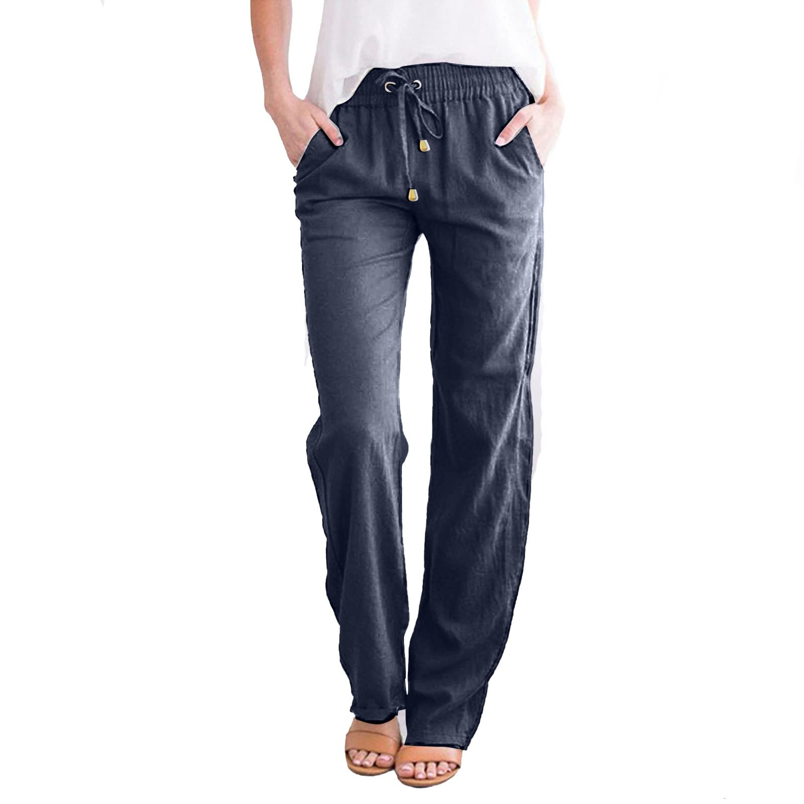 YangqiGY Womens Casual Pants Straight Solid Elastic Long Drawstring Linen Waist Wide Leg Yoga Navy #1 X-Large