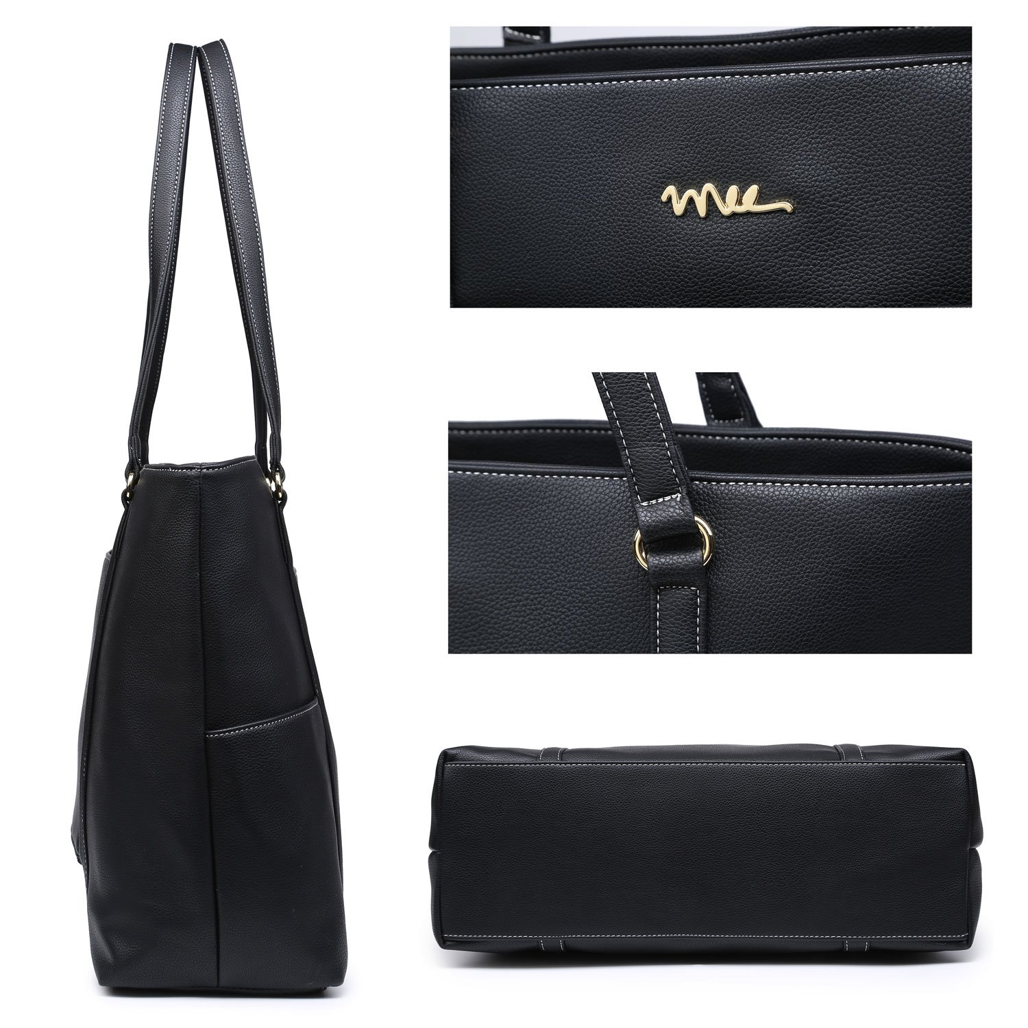 NNEE Classic Laptop Leather Tote Bag for 15 15.6 inch Notebook Computers Travel Carrying Bag with Smart Trolley Strap Design - Black