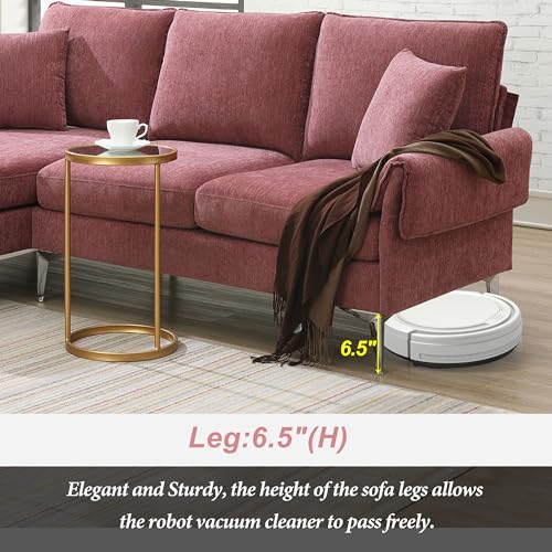 WIIS' IDEA Convertible Sectional Sofa Couch,Modern Chenille L-Shaped Sofa Couch with Reversible Chaise Lounge,2 Pillows,Fit for Living Room,Apartment(Pink)
