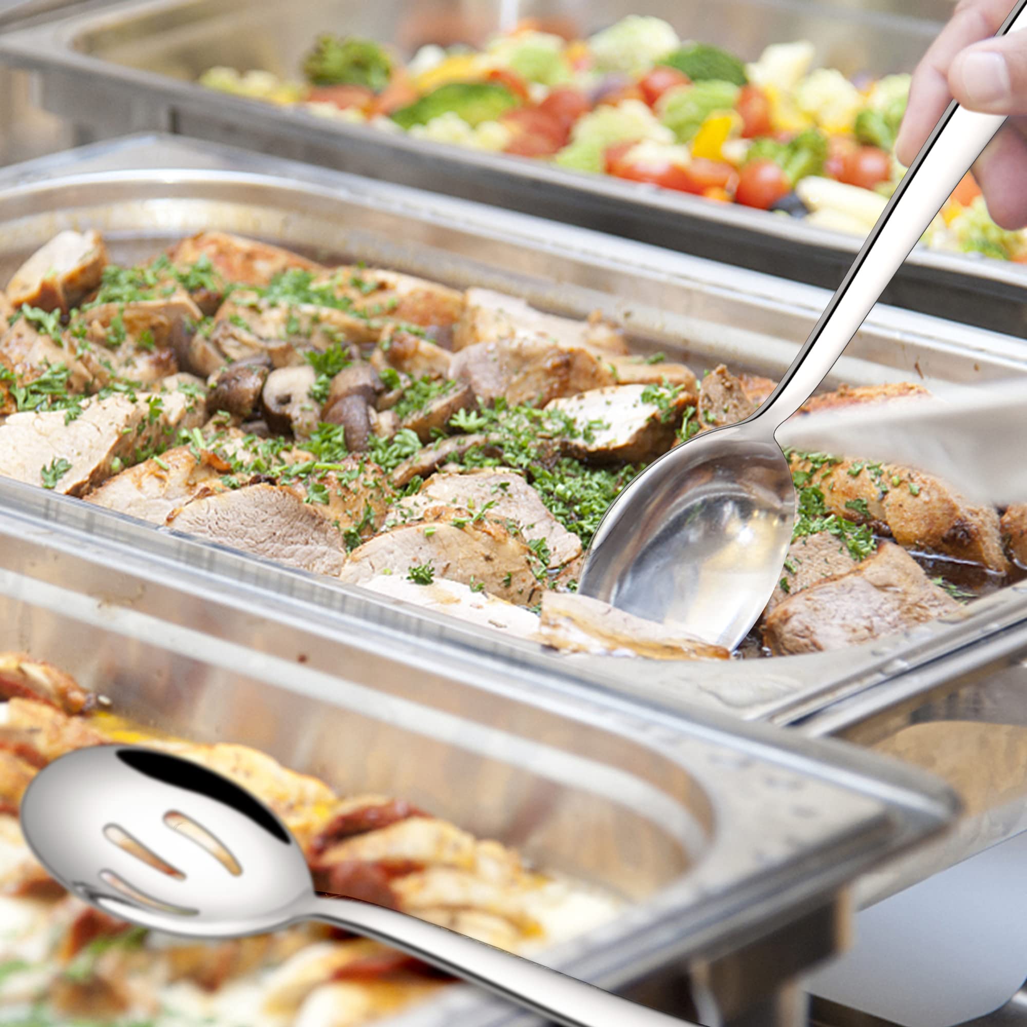 Square Serving Utensils Set of 6, E-far Stainless Steel 8.7 Inch Hostess Serving Set, Metal Serving Spoon Slotted Spoons Forks for Party Buffet Catering, Mirror Finished & Dishwasher Safe