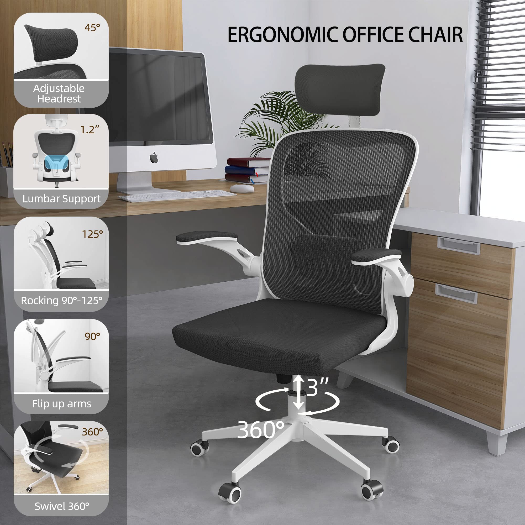 Monhey Office Chairs, Ergonomic Office Chair, Computer Chair with Adjustable Headrest, Lumbar Support, 2D Flip-up Armrest, Khaki Mesh Office Chair