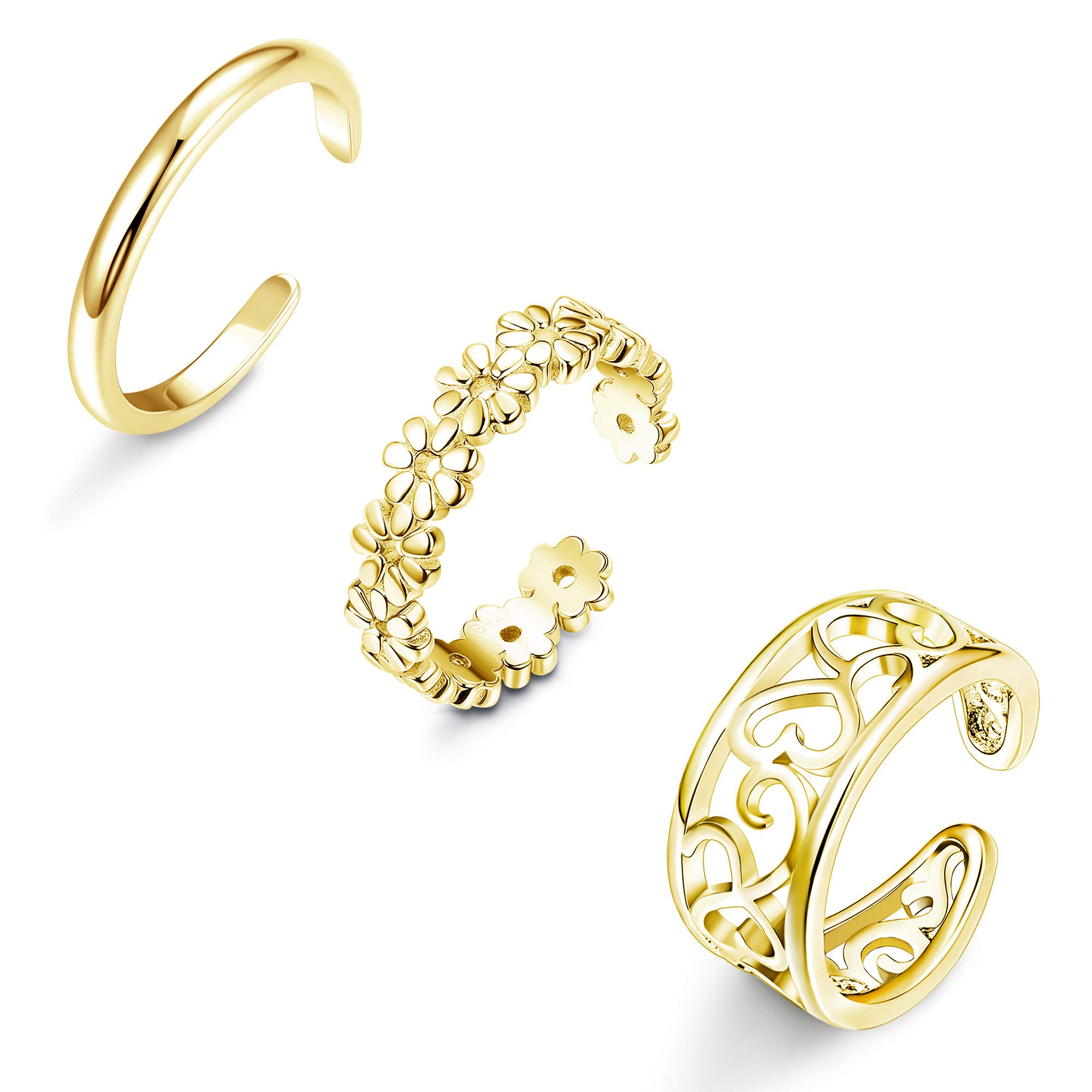 ORAZIO 3 Pcs Sterling Silver Toe Rings for Women Men Open Flower Simple Toe Ring Tail Band Ring Set Foot Jewelry Adjustable