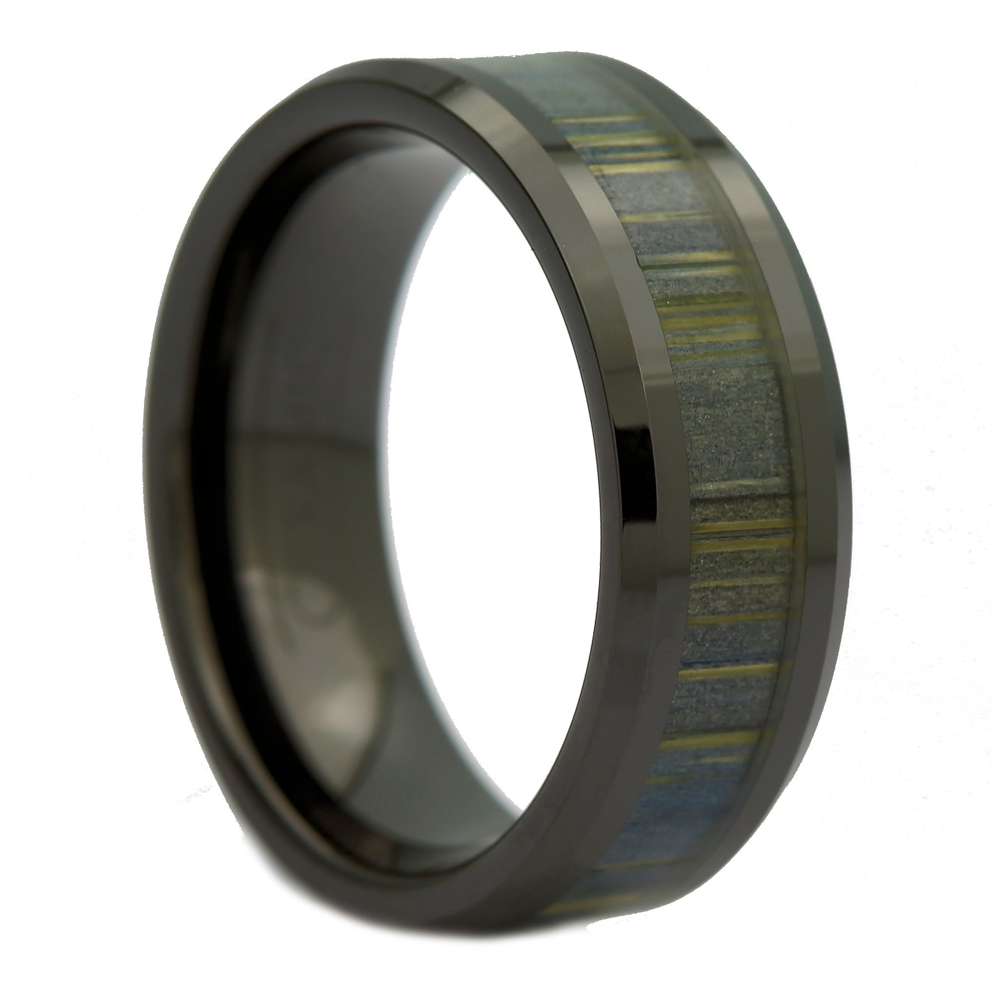 MJ Metals Jewelry 8mm Black Ceramic Ring, Inlay Made from Zebra Wood. Wedding Band Ring Size 9.5