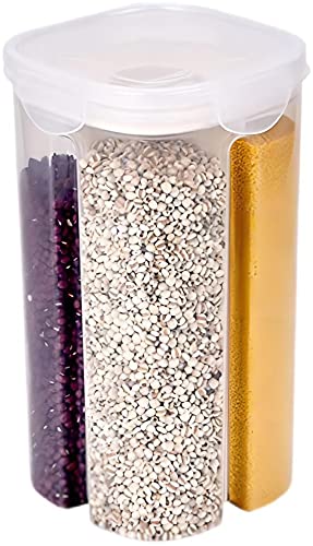 vichope Airtight Food Storage Container, Clear Kitchen Cereal Storage Containers with Airtight Food Lids and Compartments Ideal for Cereal Candy Snacks, 3L (4 Compartments, White)
