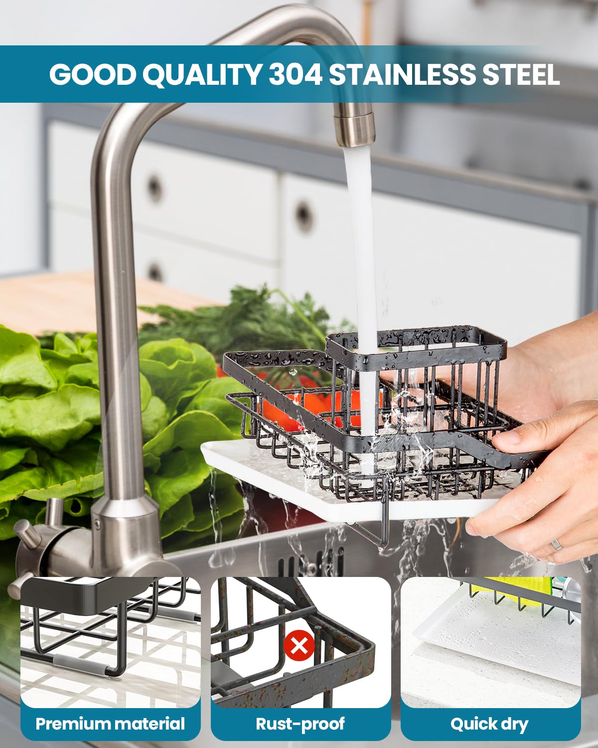 OHOBABY Sponge Holder for Kitchen Sink, Sink Caddy with Removable Drip Tray, Rustproof Stainless Steel Kitchen Sink Organizer with Dish Brush Holder for Countertop, Black (8.26'' X 5.51'' X 4.33'')