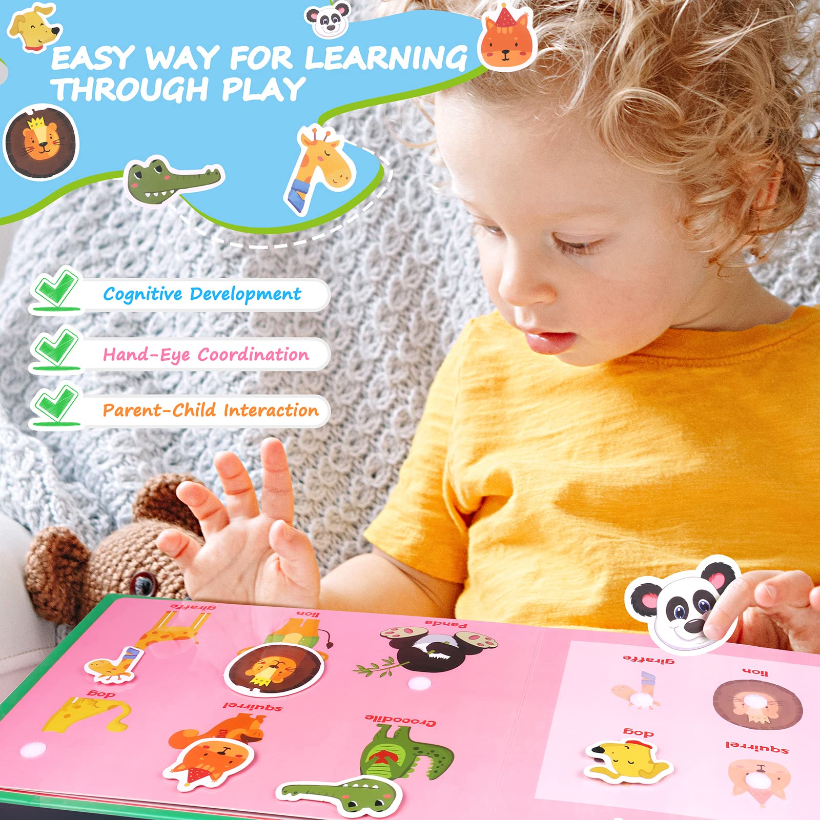 YAOFEER Busy Book for Toddlers 1-3, Montessori Busy Book Preschool Activity Sticker Quiet Books for Toddlers Kids Learning Book to Develop Learning Skills Multidimensional Sense Development- Animal