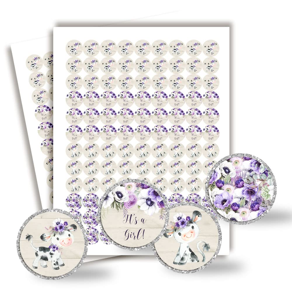Watercolor Purple Floral Cow Baby Shower Kiss Sticker Labels, 300 Party Circle Stickers sized 0.75” for Chocolate Drop Kisses by Amanda Creation, Great for Favors, Treats, Envelope Seals & Goodie Bags