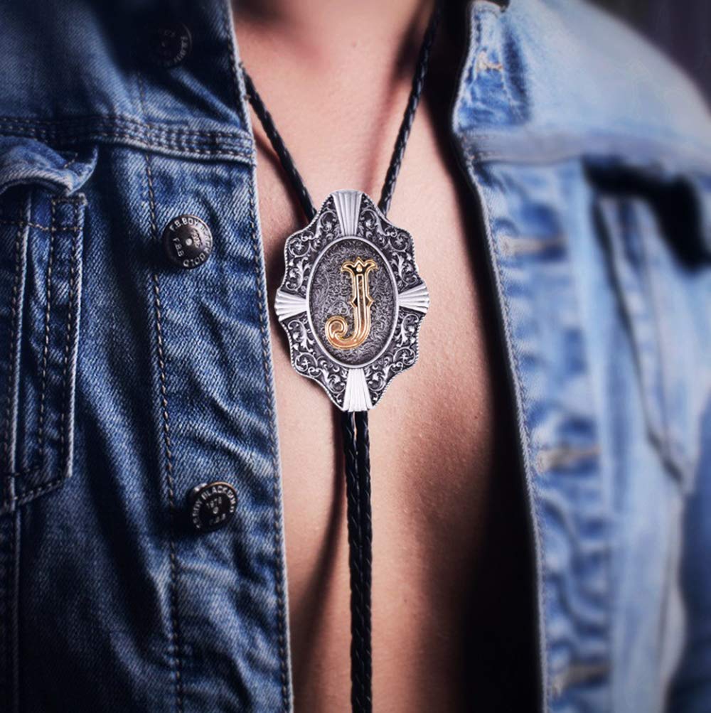Moranse Golden Initial Letters in Flower Nursery Cowboy Bolo Tie with Cowhide Rope(J Silver,Silver Style)
