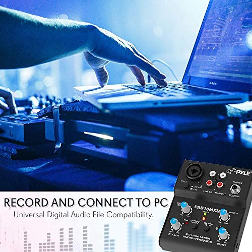 Pyle 2-Channel Audio Mixer - DJ Sound Controller Interface with USB Soundcard for PC Recording, XLR and 3.5mm Microphone Jack, 18V Power (Renewed)