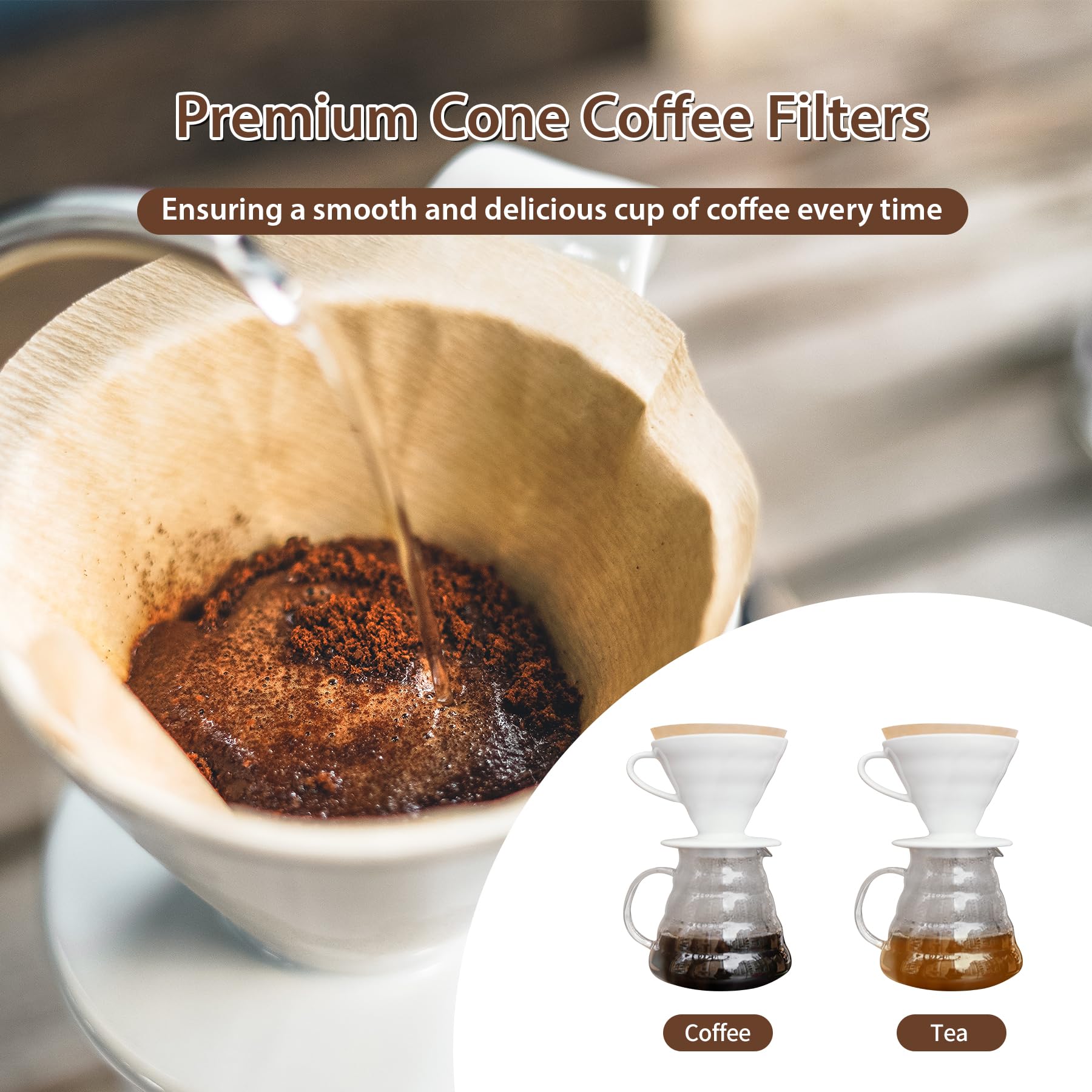 PakTalk 300 Count Cone Coffee Filters #4, Natural Brown Paper Cone Shaped Coffee Filters for Pour Over and Drip Coffee Maker (100 Count, Pack of 3)