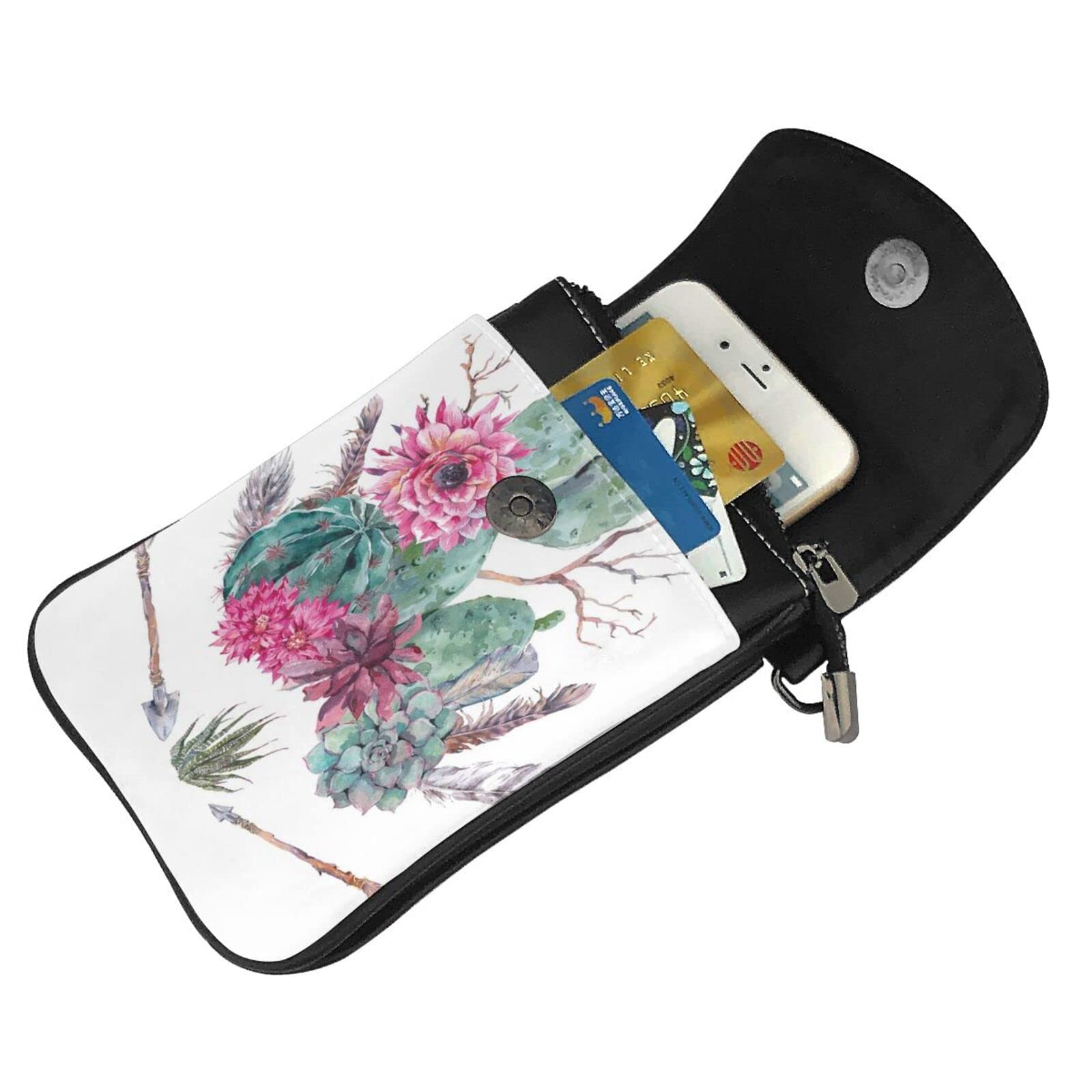 Women Cell Phone Purse Leather Crossbody Bag-Cactus With Boho Style Bouquet Mini Shoulder Bag Card Holder Wallet