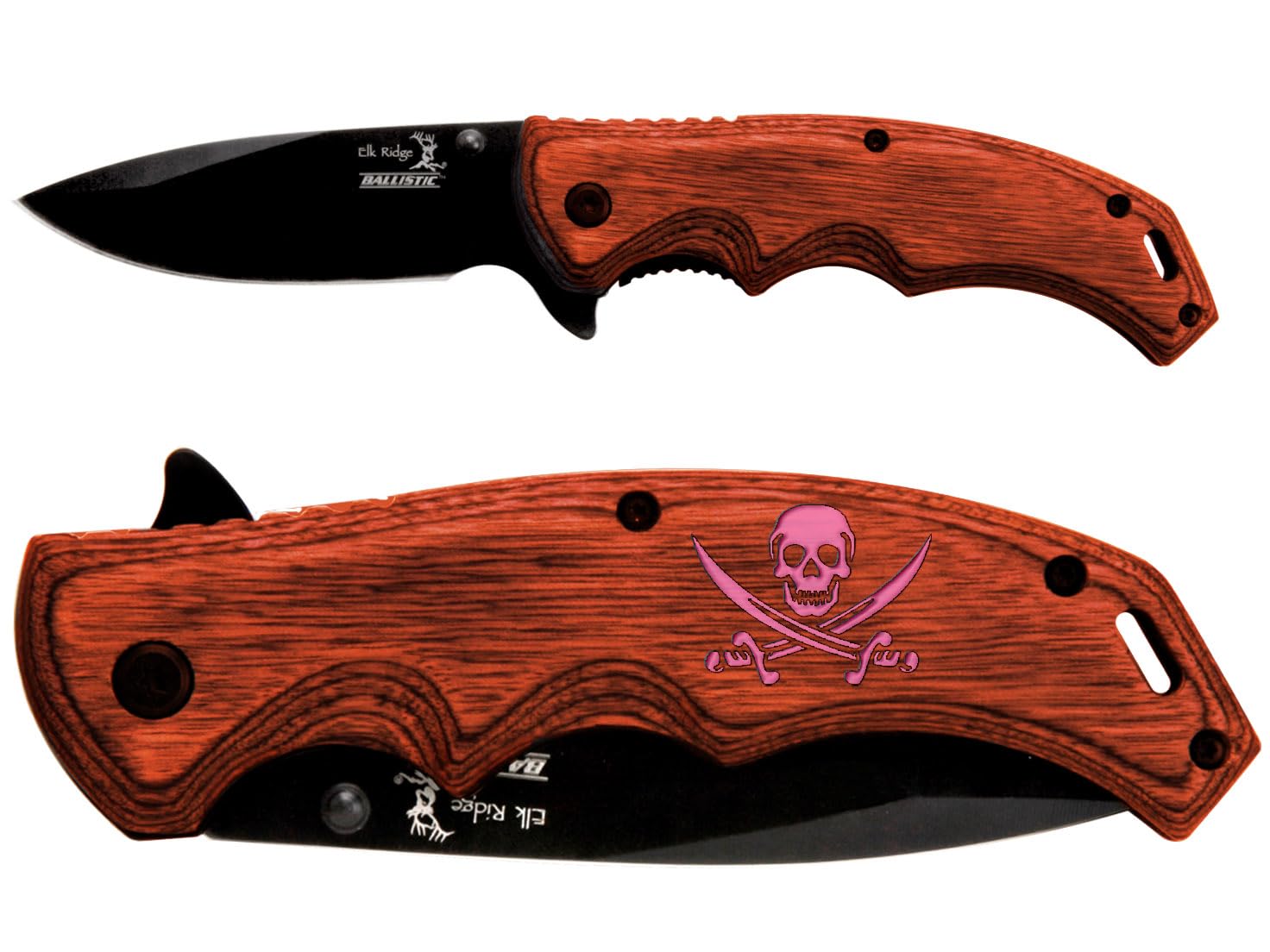 NDZ Performance Elk Ridge ERA004 3.5" Spring Assisted Flipper Folding Knife, Hunting Pocket Knife with Clip, Laser Engraved in Pink - Skull and Crossbones Jolly Roger