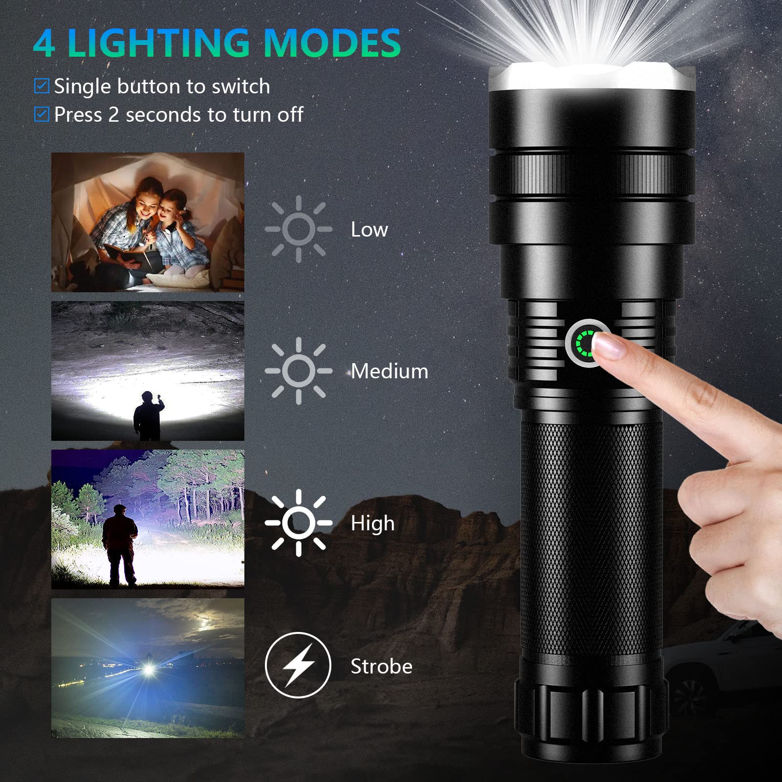 Rechargeable Flashlights High Lumens, 2 Pack 250000 Lumen Super Bright LED Flashlight, Powerful Handheld Flashlights with ΒATTERY & USB Cable, Waterproof Flashlight with 4 Modes for Camping