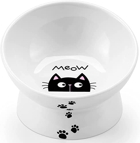 Yedio Porcelain Raised Cat Bowl, Tilted Cat Food Bowl with Anti Slip Band, Stress Free, Elevated Porcelain Pet Bowl Protect Pet's Spine, Backflow Prevention, Dishwasher Safe, White