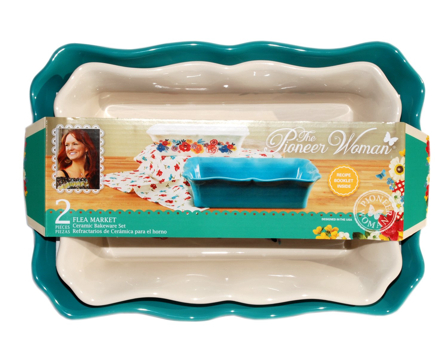 The Pioneer Woman Flea Market 2-Piece Decorated Rectangular Ruffle Top Ceramic Bakeware Set