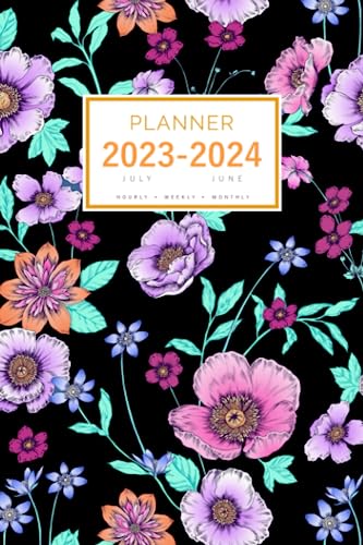 Planner July 2023-2024 June: 6x9 Medium Notebook Organizer with Hourly Time Slots | Beautiful Flower Garden Design Black