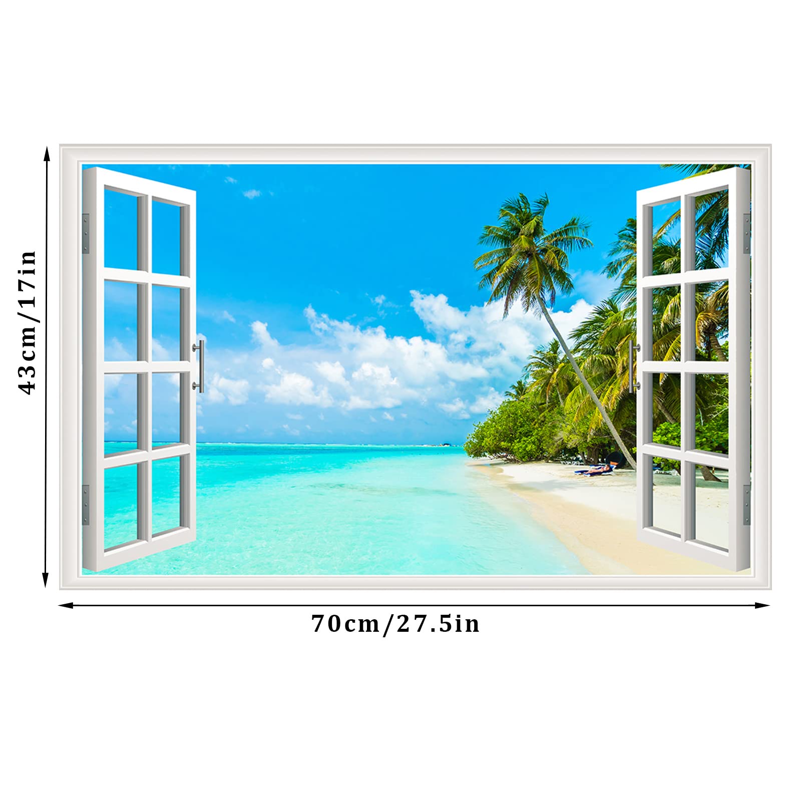 Rajahubri 3D Beach Fake Window Wall Stickers Blue Sky Window View Wall Decals Seascape Wall Sticker Removable Ocean Beach Wall Decals for Bedroom Kids Room