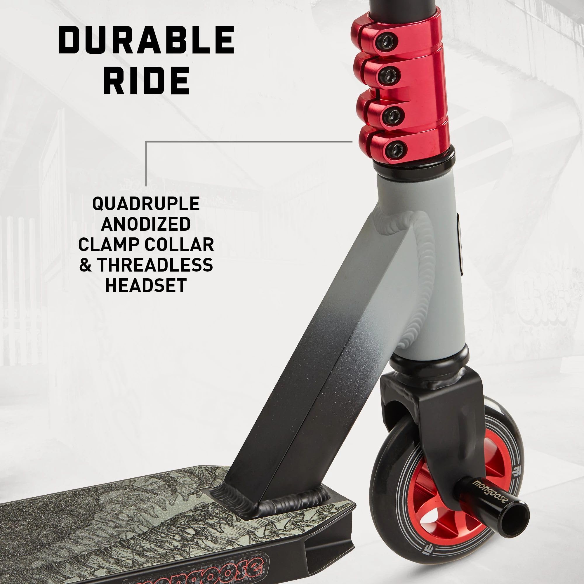 Mongoose Rise 100 Pro Freestyle Stunt/Trick Scooter, Lightweight Alloy Deck & Heavy-Duty Frame Up to 220 lbs., T-Bar Handlebar w/ Bike-Style Grip, High Impact 100mm Wheels, Black/Red