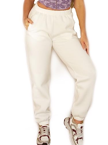 TIC TOC Women’s Soft Fleece Oversized Sweatpants Casual Essential High Waisted Jogger Pants with Pockets, White, L