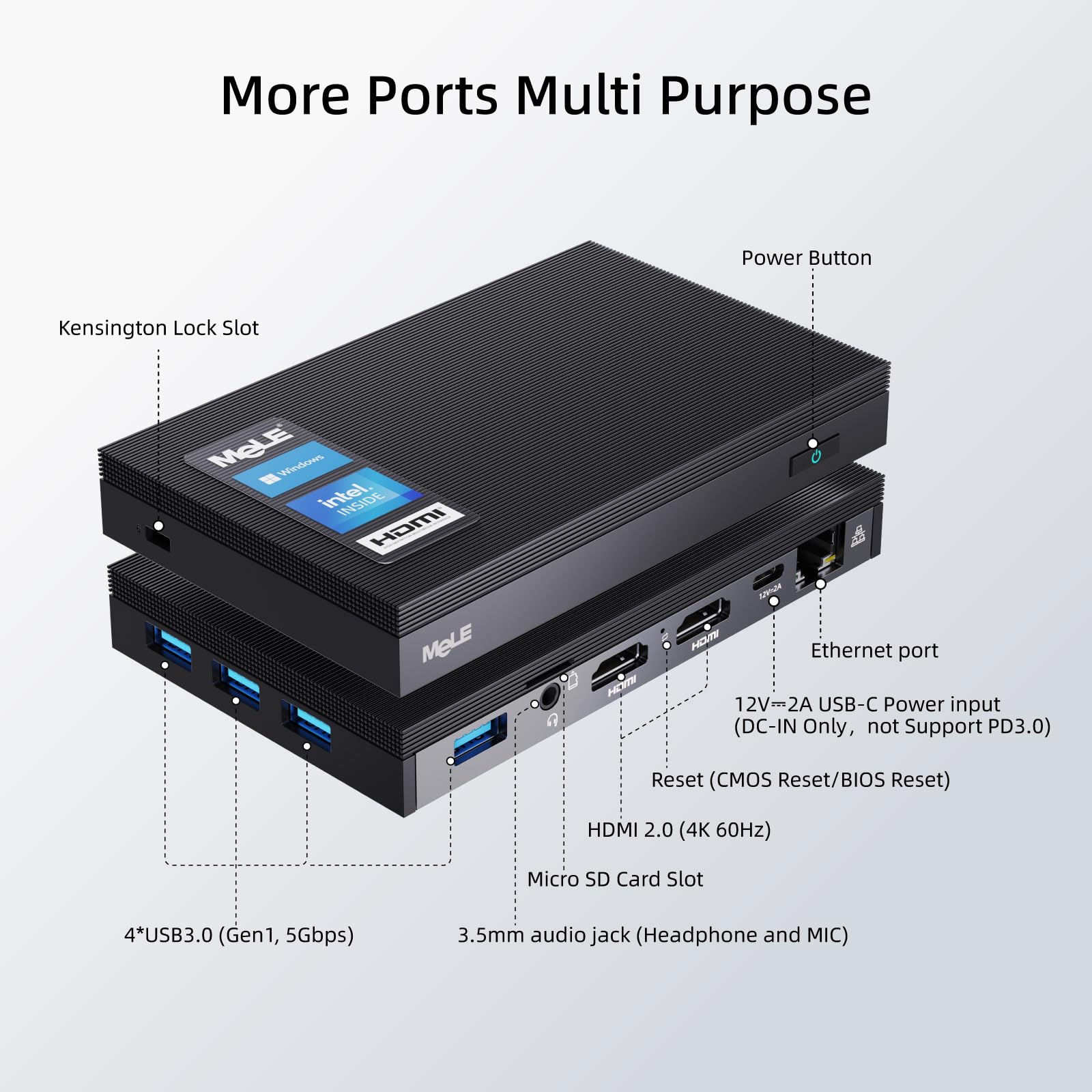 MeLE Quieter2D Fanless Mini PC Window11 Home, Celeron N4000 4GB/128GB Small Desktop, Support M.2 SSD, Dual HDMI 4K,igabit Ethernet on Home IoT