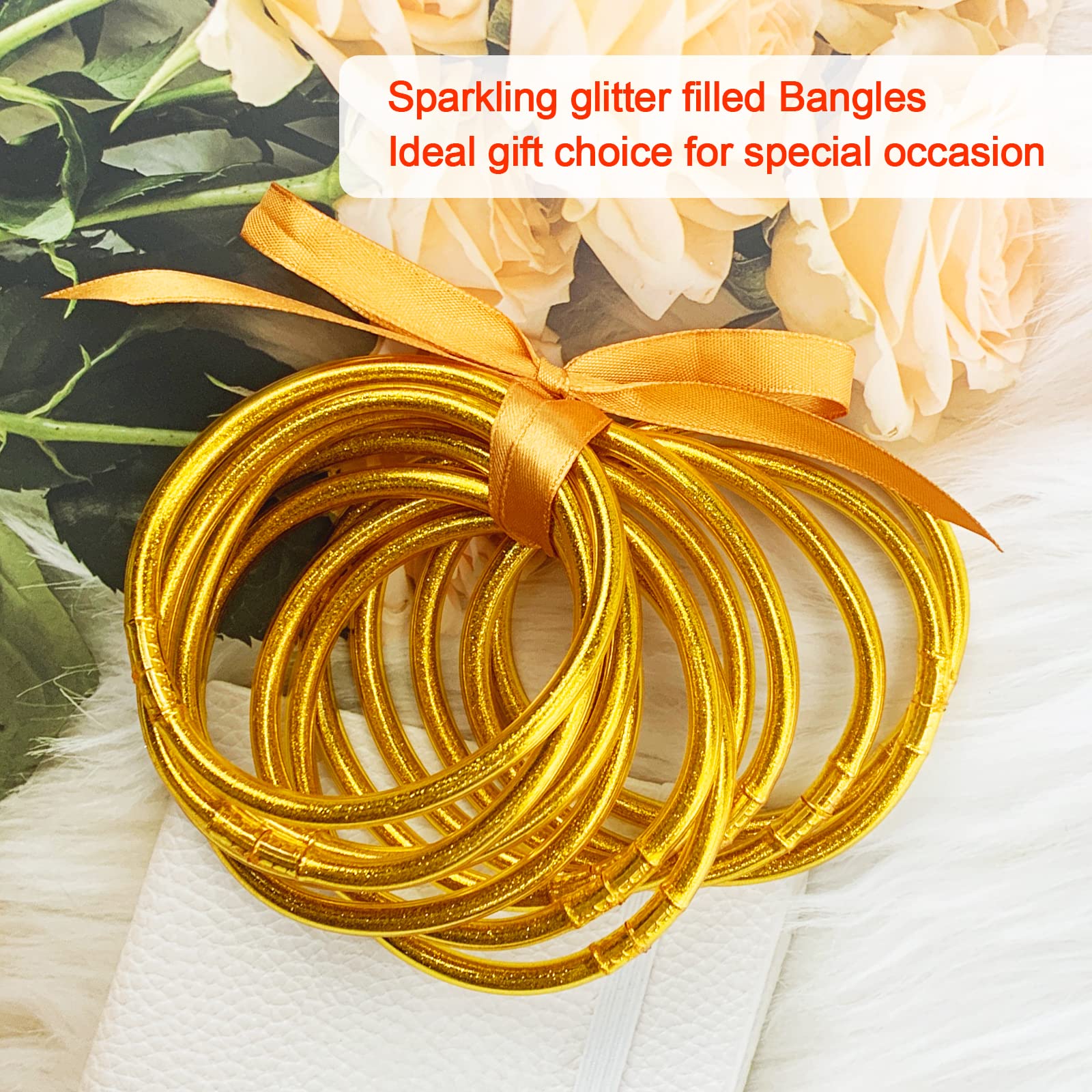 YBMYCM 12PCS Glitter Jelly Bangles Bracelets Set for Women Glitter Filled Jelly Silicone Bracelets for Ladies