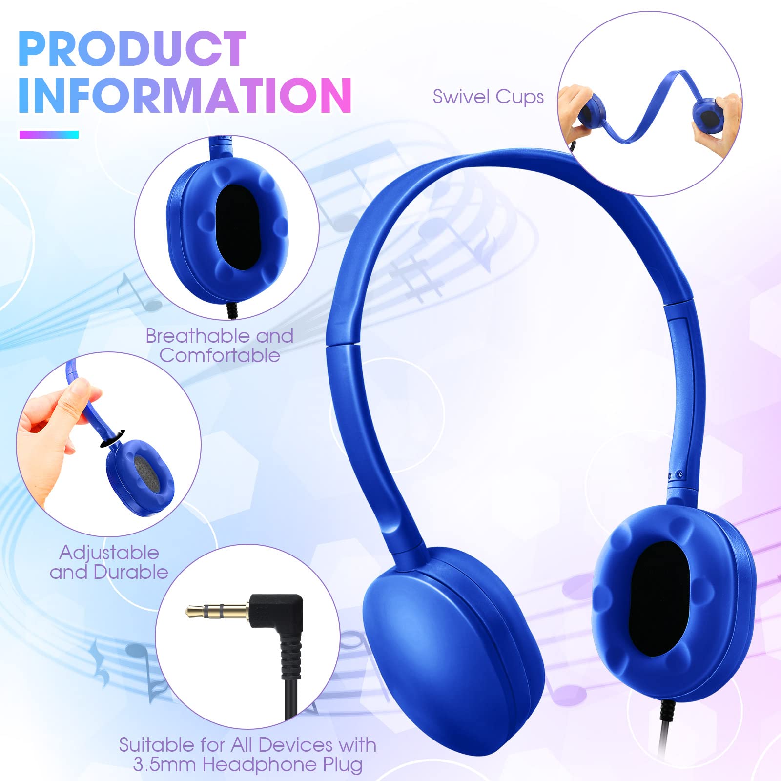 Yunsailing 48 Pack Bulk Headphones for Classroom Multi Color on Ear Headphone Adjustable School Wired Headphone Library Headphone with 3.5 mm Plug for Adults Kids Student Museum Travel Plane Tablet