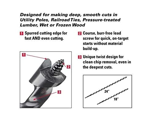 WoodOwl 01012 Deep Cut Wood Boring Auger Bit, 24-Inch Length x 15/16-Inch Diameter