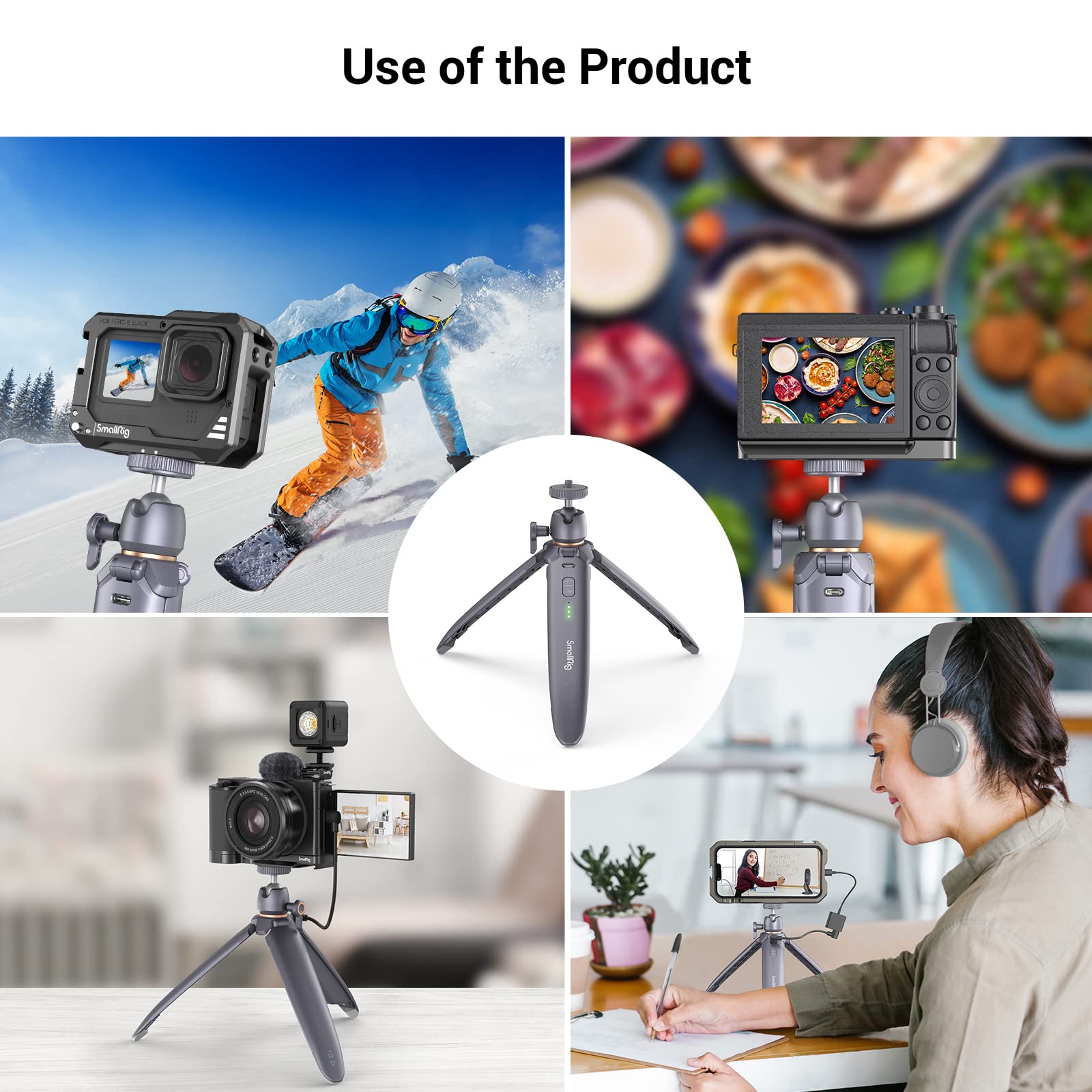 SmallRig Charging Mini Tripod for iPhone Cameras DSLRs Gopro, Handle Grip Desktop Tripod with Wireless Control Button 360° Ball Head and Power Display, for Vlogging Video Shooting Filming -3534