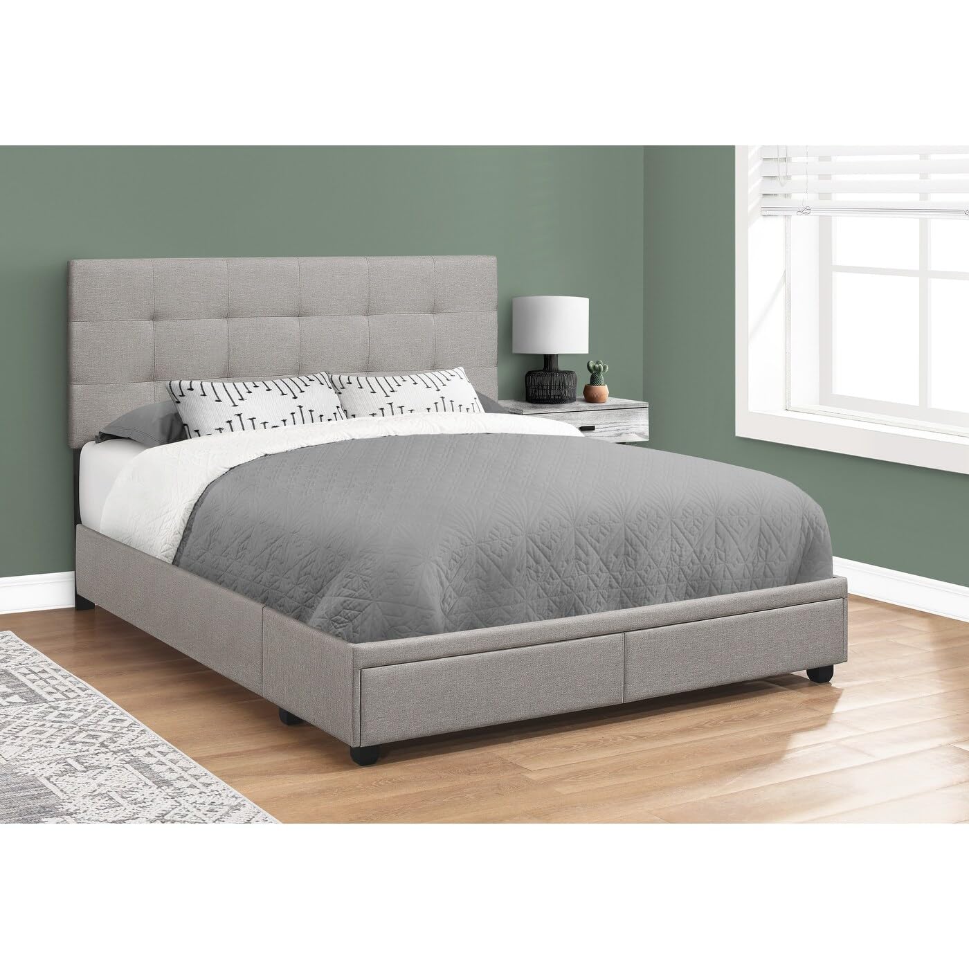 Monarch Specialties I 6021Q Bed, Queen Size, Platform, Bedroom, Frame, Upholstered, Linen Look, Wood Legs, Beige, Black, Transitional