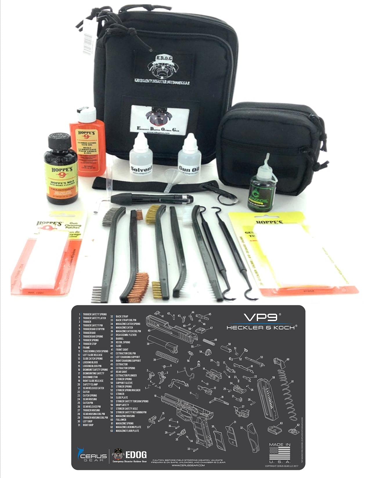 RangeMaster Elite EDC Bag Gun Cleaning Kit- Compatible for H&K VP9 - Schematic Mat (Exploded View) with Hoppes Gun Oil No.9 Solvent & Patches Clenzoil CLP 10 Pc Cleaning Accessories Set