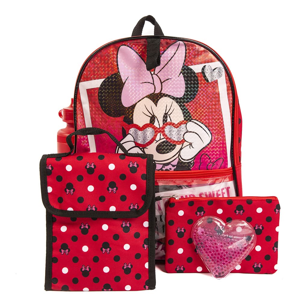 RALME 5 Pc. Minnie Mouse Backpack and Lunch Bag Set for Girls, 16 inch Red