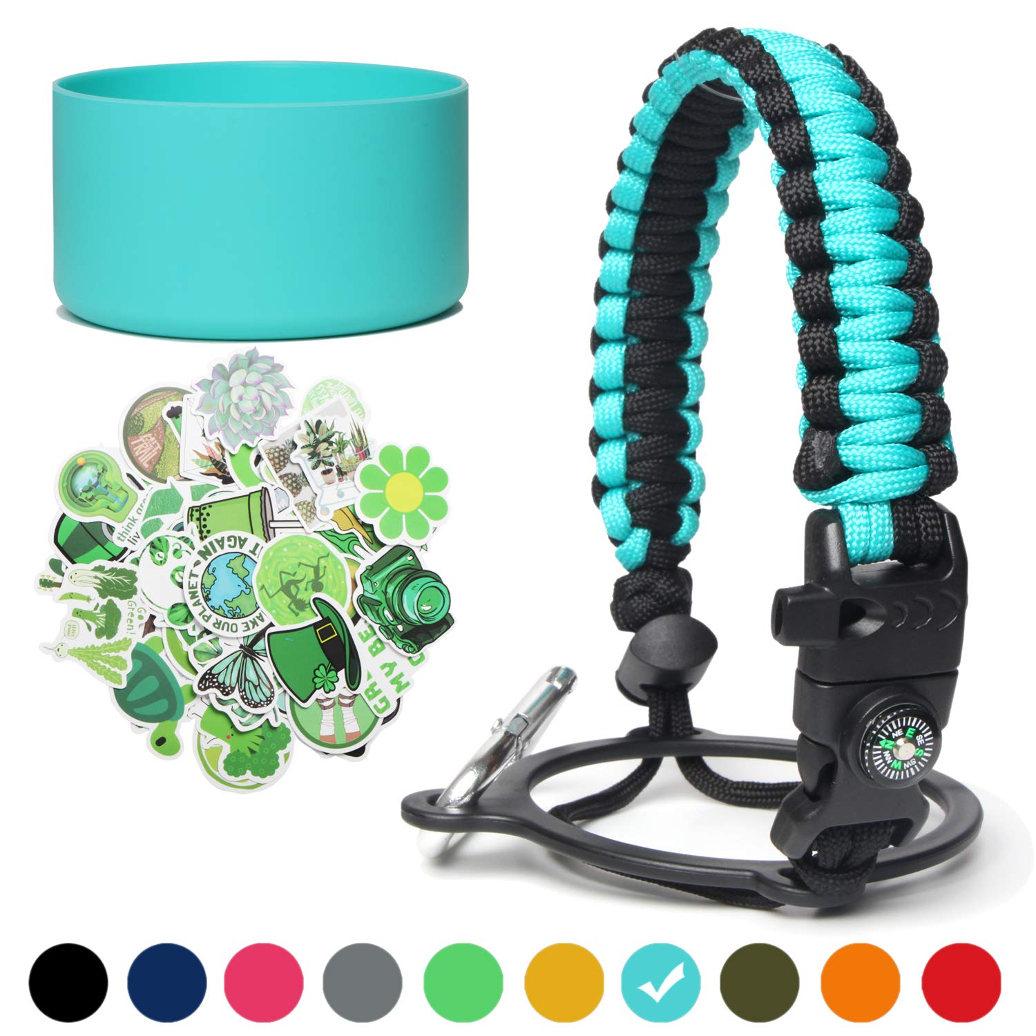 nononfish Paracord Handle for Standard Mouth Water Bottle, with Safety Ring, Carabiner, Compass, Plus Water Bottle Sleeve 40 oz and 50 Anime Stickers Straw Water Bottle Set