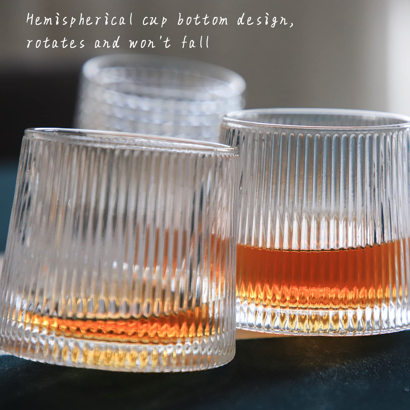 TOSSOW Spinning Whiskey Glasses Set of 2 Tumblers, Striped Old Fashioned Drinking Glass for Scotch, Irish, Bourbon and Cocktail Drinks, Barware Gift for Men and Women