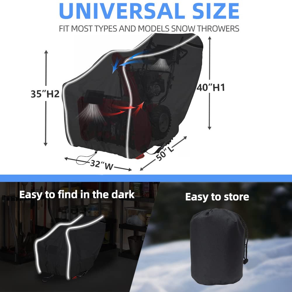 Zenicham Heavy-Duty 600D Fade and Crack Resistant Snow Blower Covers, Waterproof, Snow Proof,UV-Proof Snowblower Cover Universal Fit,Snow Thrower Cover with Reflective Strips (50" L x 33" W x 40" H)