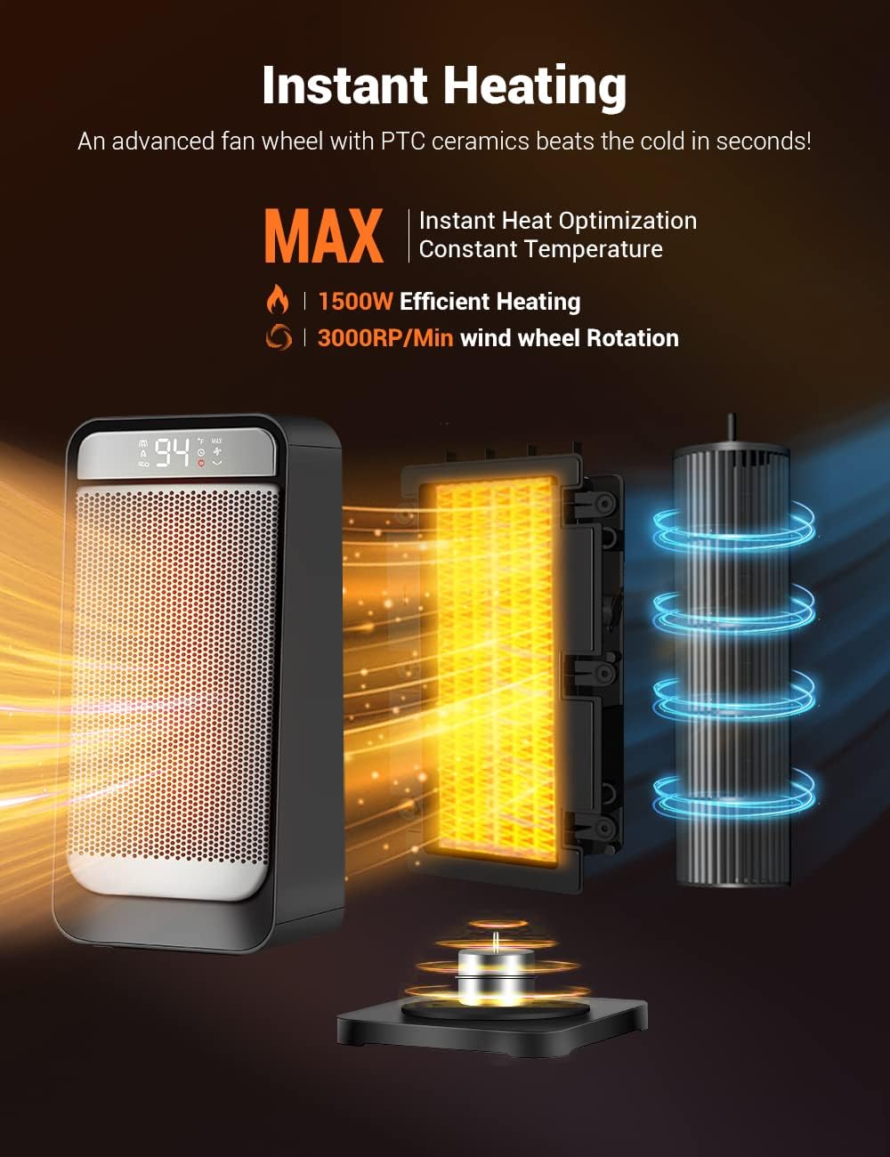 Wind Talk Space Heaters for Indoor Use, 1500W Ceramic Electric Heater, Portable Heater with Thermostat, Oscillating Room Tower Heater Safety for Office Bedroom Use with 4 Modes, 24h Timer, LED Display