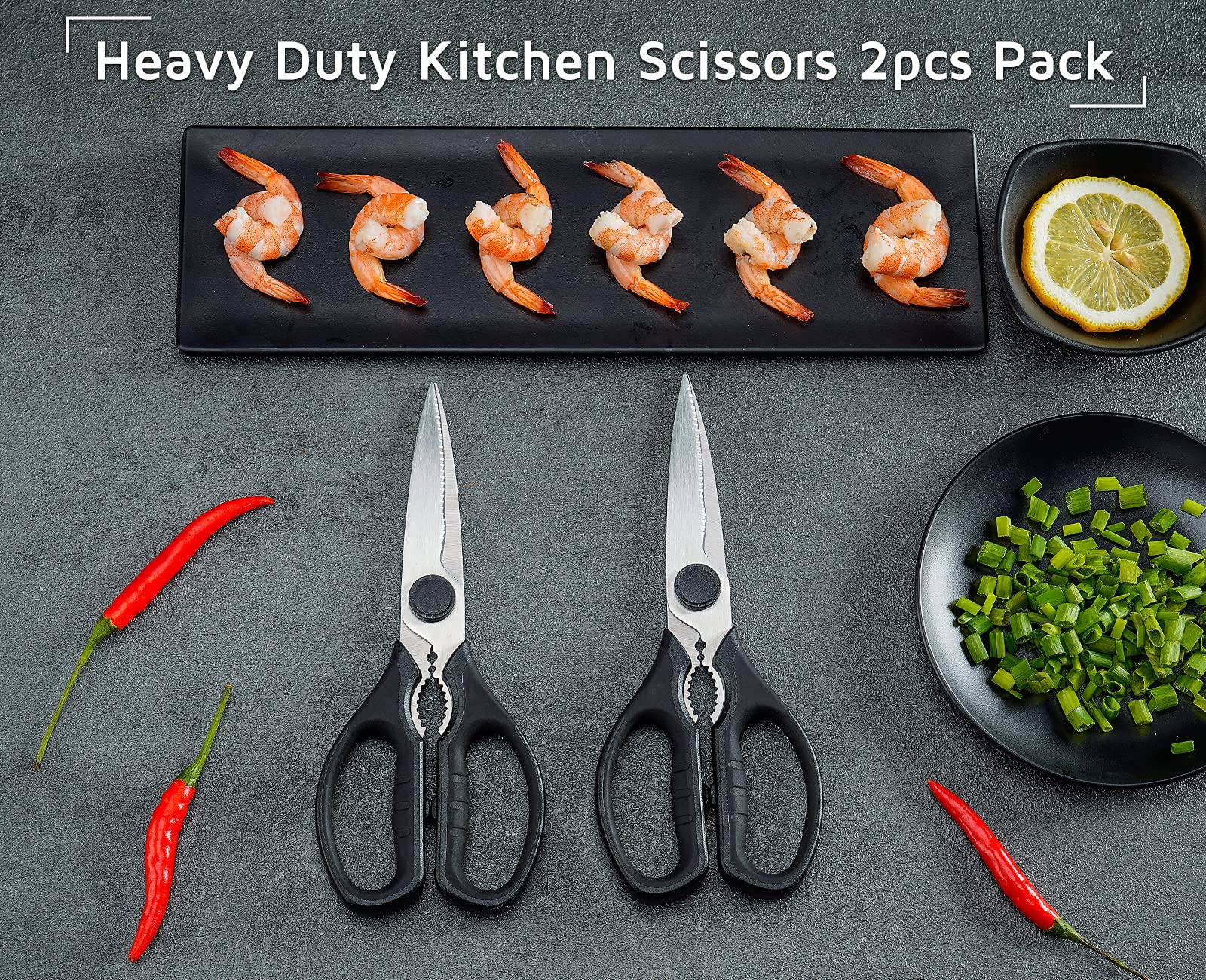 Multifunction Kitchen Scissors 2-Piece Set WELLSTAR, Heavy Duty Food Shears for Chicken Meat Vegetable Fish Herb Poultry Stainless Steel Cooking Scissors with Comfortable Handle Scissors Set (Black)