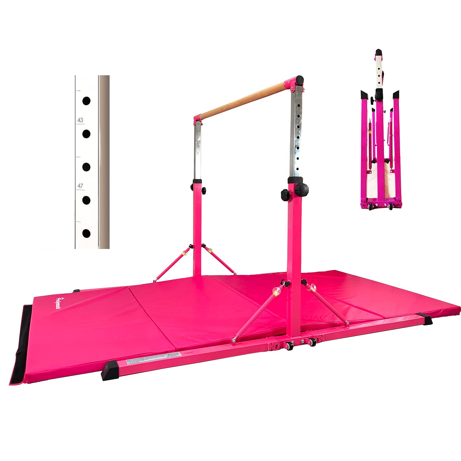 PreGymnastic Folding Junior Training Bar/Horizontal Training Bar Kip Bar Stainless Steel Regulating Arm & Strong Fiberglass Rail (Hot Pink)