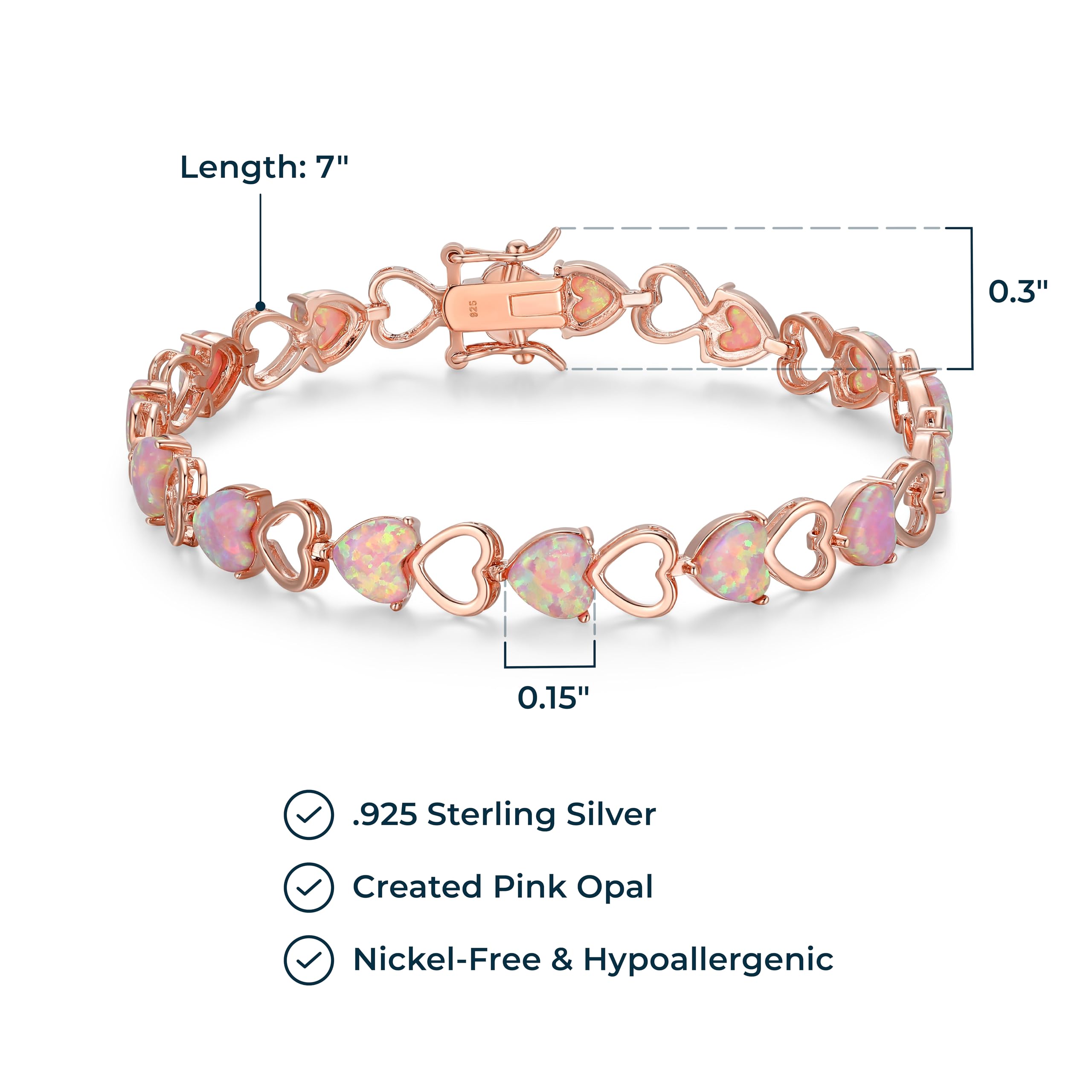 MORGAN & PAIGE 14K Rose Gold Plated .925 Sterling Silver Created Pink Opal Heart Tennis Prong Setting Bracelet, 7-1/4"