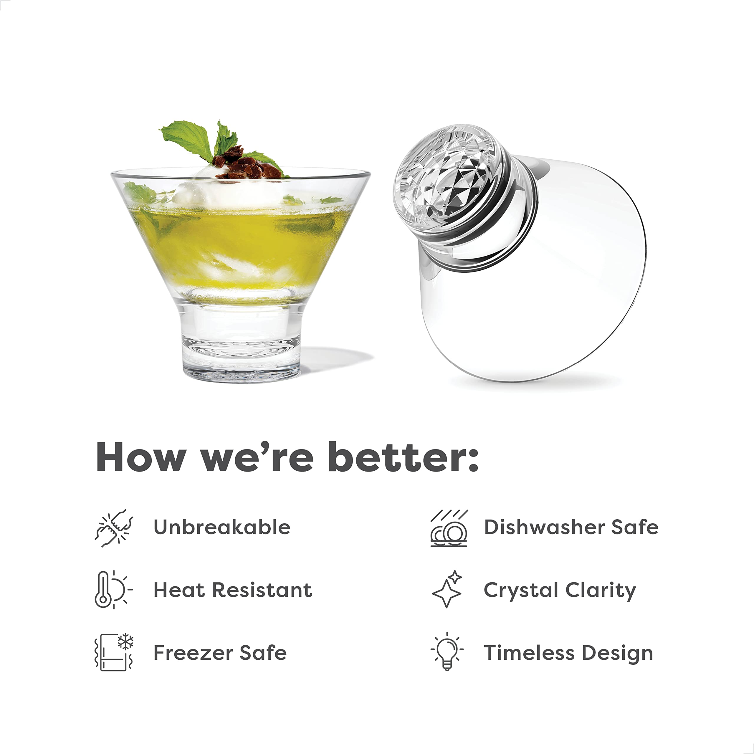 TOSSWARE RESERVE 8oz Stemless Martini Glass, SET OF 8, Premium Quality, Tritan Dishwasher Safe & Heat Resistant Unbreakable Plastic Cocktail Glasses, Clear