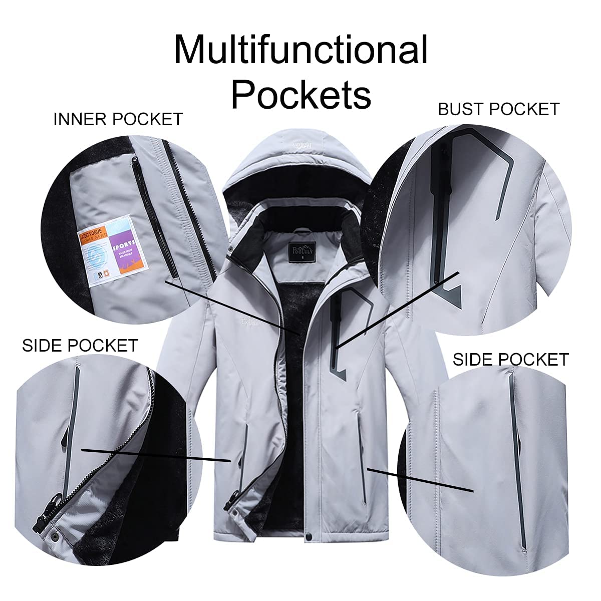 Pooluly Men's Ski Jacket Warm Winter Waterproof Windbreaker Hooded Raincoat Snowboarding Jackets Light Gray-M