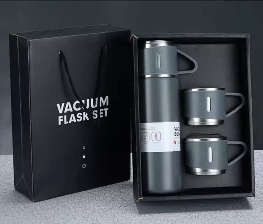Stainless Steel Thermo 500ML/16.9oz Flask Double Wall Sports Bottle Vacuum Insulated for Coffee Hot Drink and Cold Drink Water Flask with 2 Cups(Gray,Set)