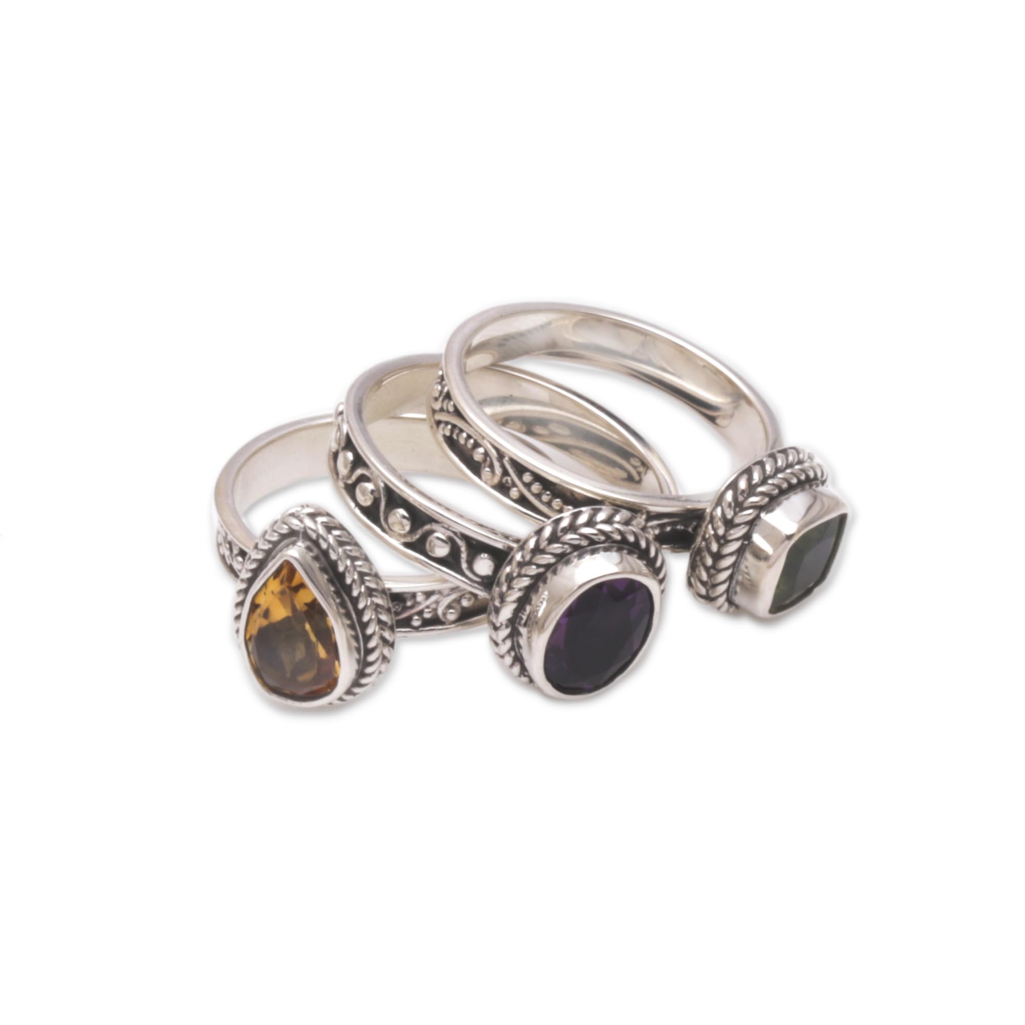 NOVICA Artisan Handmade .925 Sterling Silver Multigemstone Stacking Rings Amethyst Citrine Peridot Cocktail Indonesia Birthstone 'Perfect Prism' (set of 3)