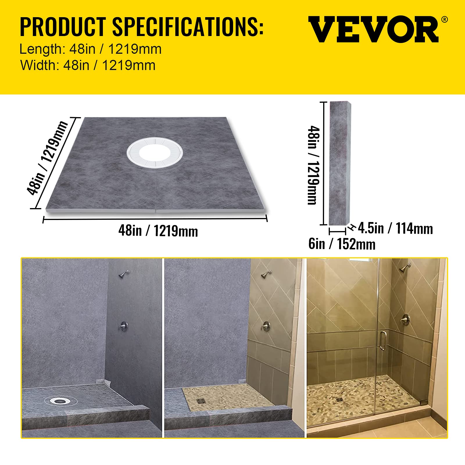 VEVOR Shower Curb Kit, 48"x48" Watertight Shower Curb Overlay with 4" ABS Central Bonding Flange, 4" Stainless Steel Grate, 2 Cuttable Shower Curb and Trowel, Shower Pan Slope Sticks Fit for Bathroom