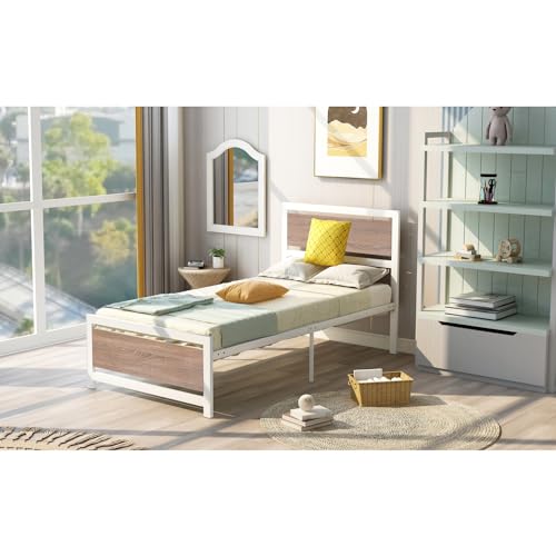 Metal and Wood Bed Frame with Headboard and Footboard, Twin Size Platform Bed, No Box Spring Needed, Easy to Assemble(White)