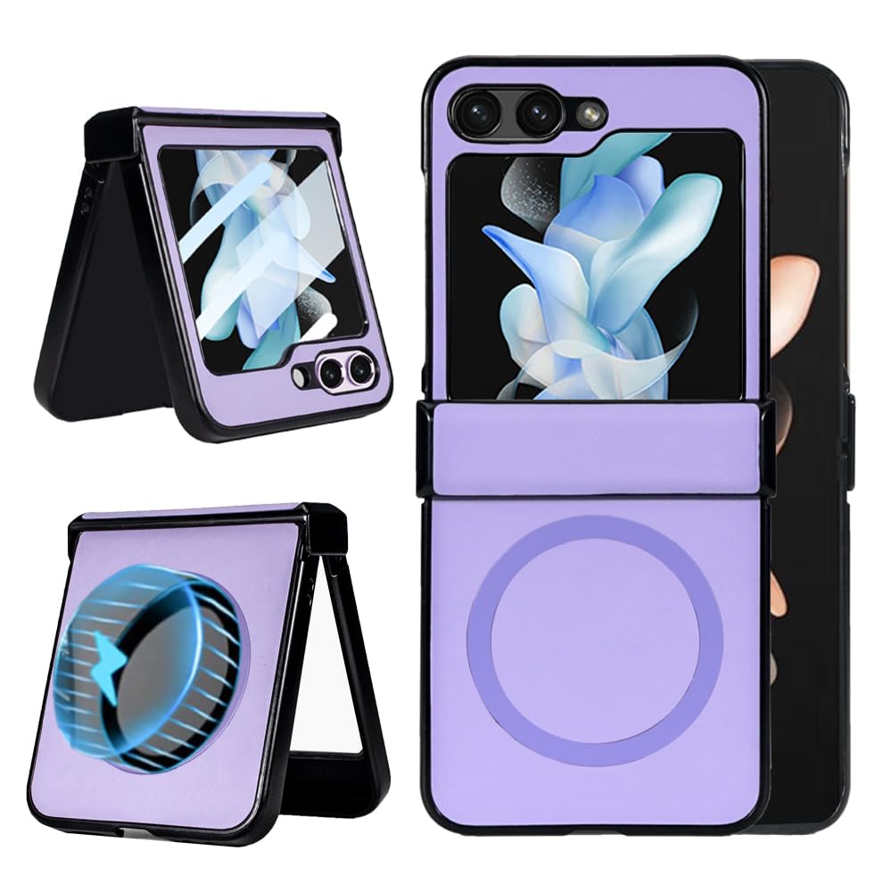 MSOTES for Galaxy Z Flip 5 Case with Hinge Protection, Built-in Screen Protector, Compatible with MagSafe, Luxury Leather Case Full Protection Slim Lightweight for Samsung Galaxy Z Flip5 5G (Purple)