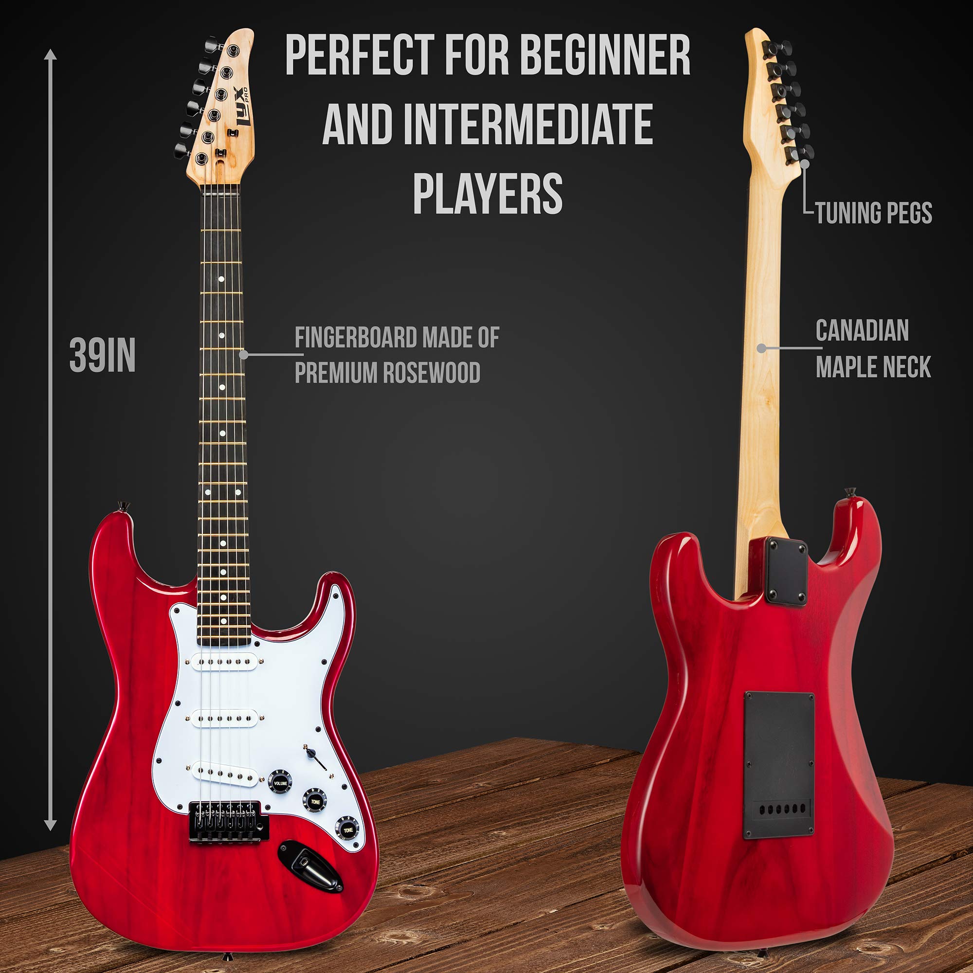 LyxPro 39 inch Electric Guitar Kit Bundle with 20w Amplifier, All Accessories, Digital Clip On Tuner, Six Strings, Two Picks, Tremolo Bar, Shoulder Strap, Case Bag Starter kit Full Size - Red