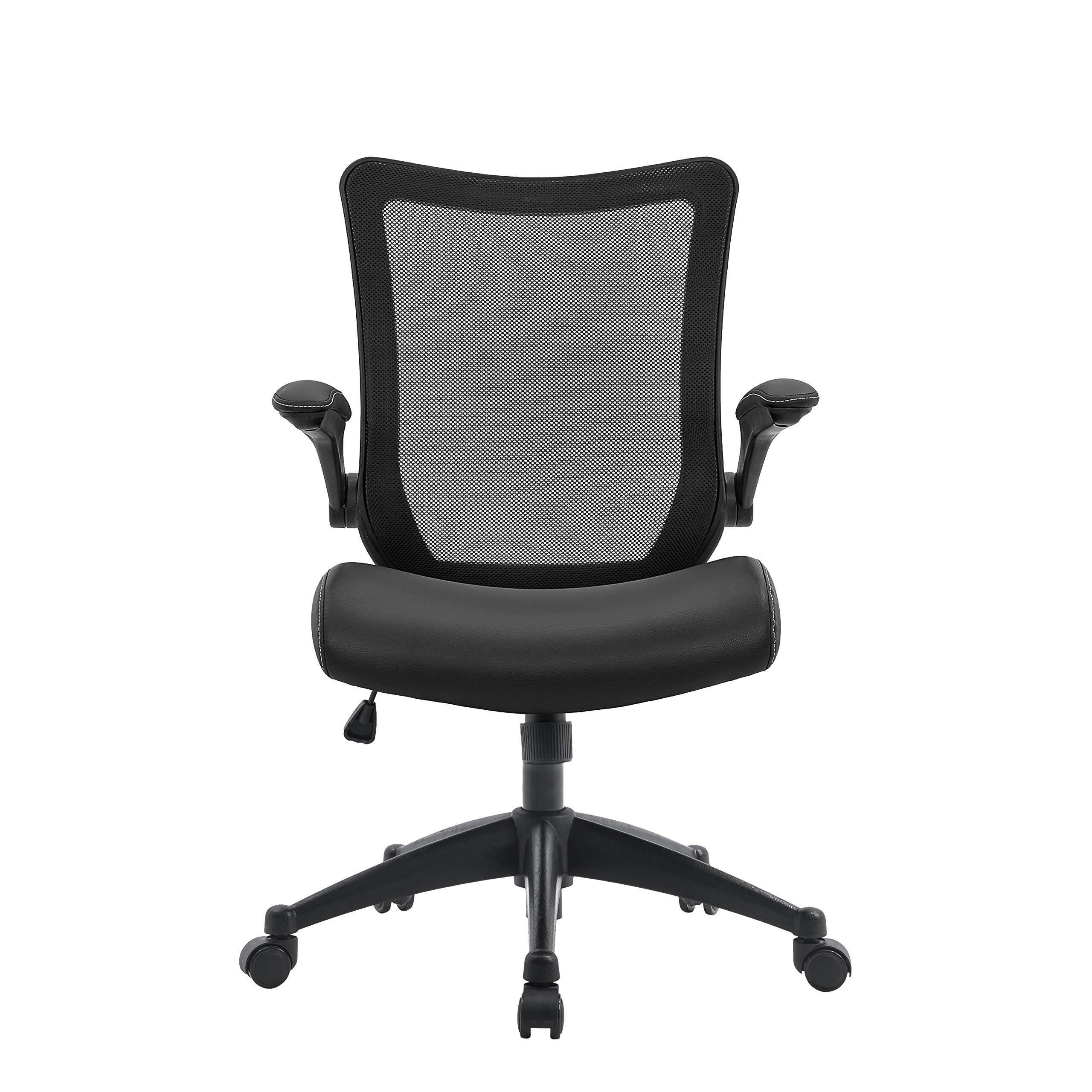 OFFICE FACTOR Office Chair 300Lbs Weight Capacity Flip-up arms Anti-Scratch Wheels Mesh Back and Faux Leather Seat Lumbar Support Computer Ergonomic Task Desk Chair (Black Desk Chair)