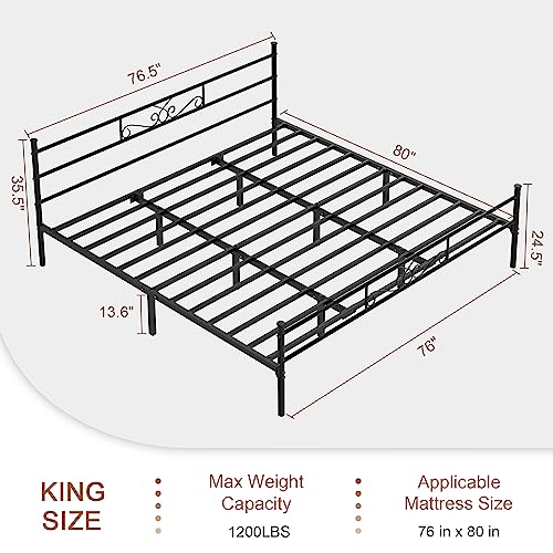 Metal Platform Bed Frame, Metal Bed Frame with 13 Heavy Duty Steel Slats, 12.4" Height Storage Space, No Box Spring Needed, Perfect for Dorm, Bedroom, Guest Room (Black, King Size)